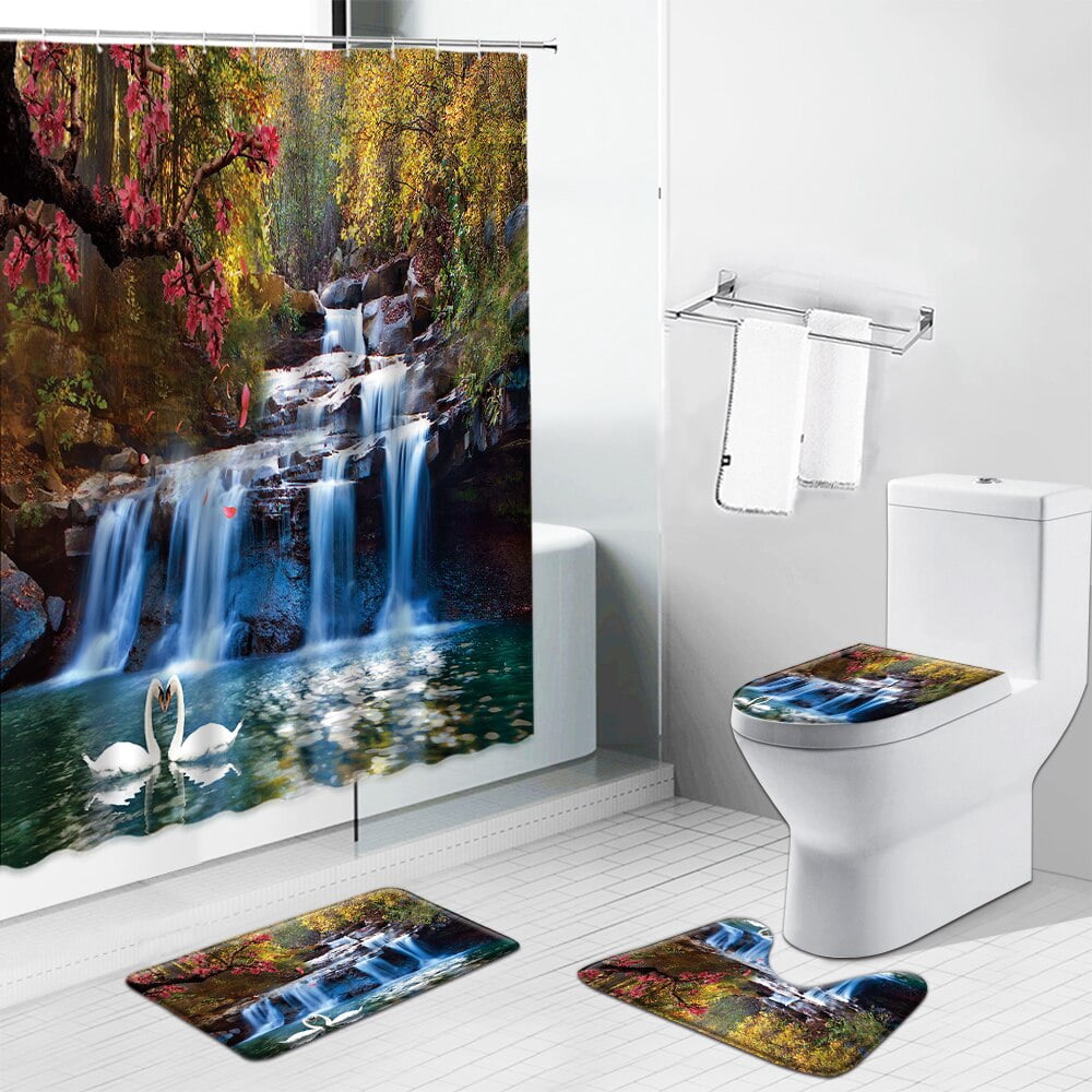 4pcs Bathroom Set Shower Curtain Waterfall Forest Tree Scenery Non Slip ...