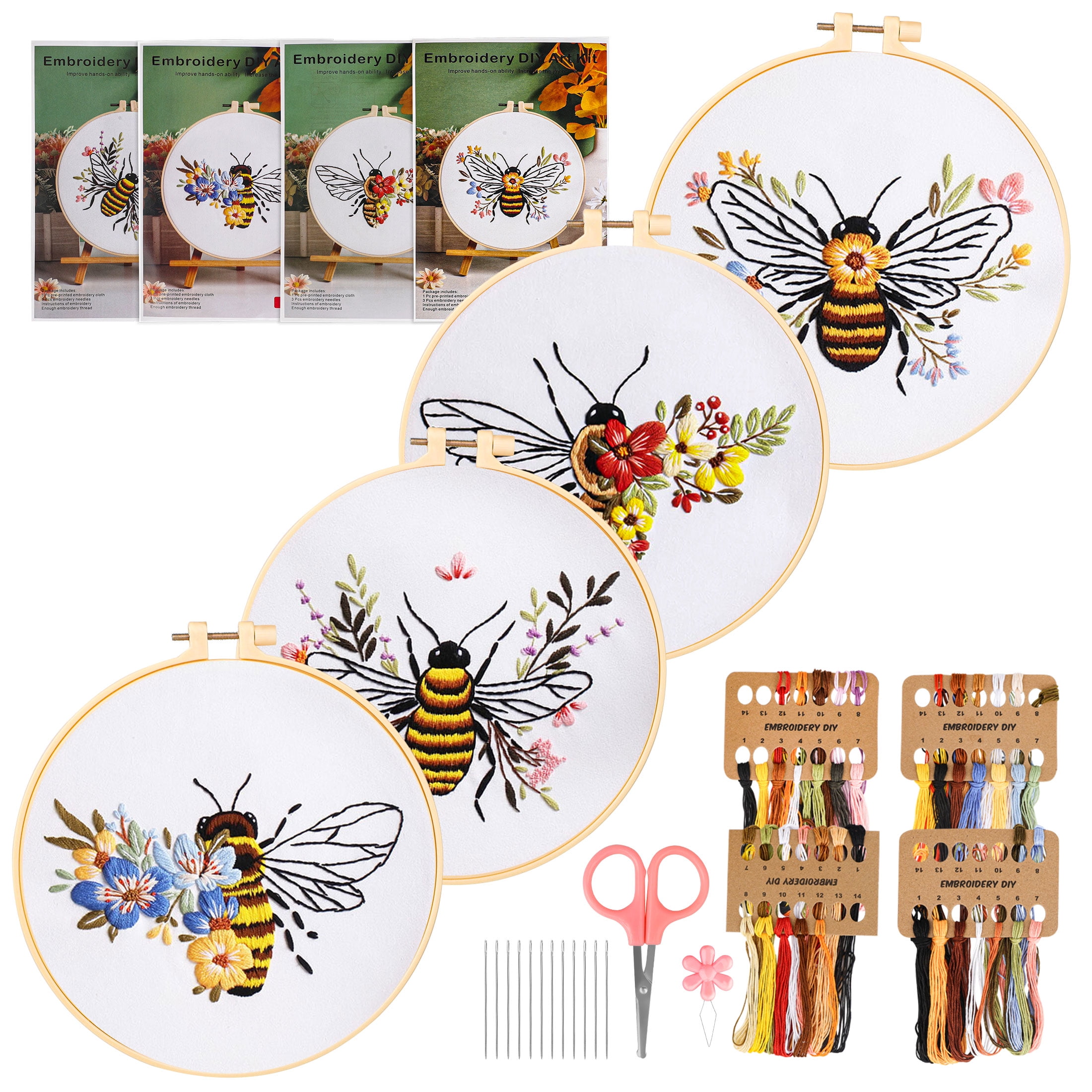 4pcs Bee Flower Pattern Embroidery Kit, EEEkit Cross Stitch Practice ...