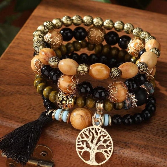 4pcs Black Bohemian Multi-Layer Wooden Beads Bracelet Set With Tassel ...