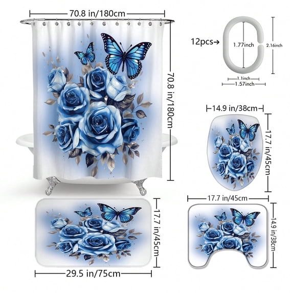 4pcs Blue Floral & Butterfly Multi-Function Bathroom Waterproof Shower ...
