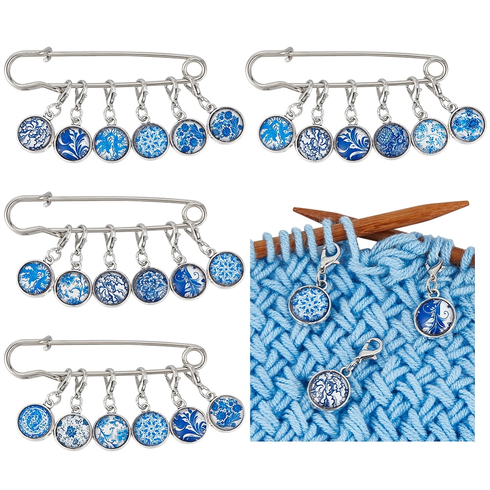 4pcs Blue Flower Pattern Glass Pendant Stitch Markers Crochet Leverback ...