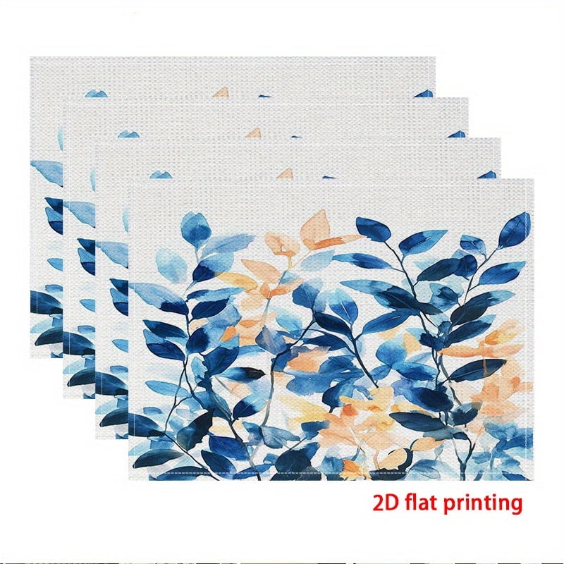 4pcs, Blue and orange leaves Pattern placemats, fashion print pattern ...
