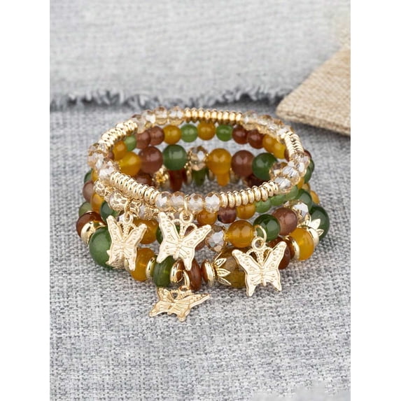 4pcs Bohemian Butterfly Crystal Stone Elastic Bracelet Set In Dark Mix ...