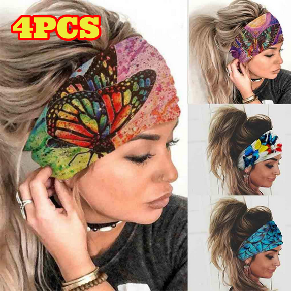 4pcs Boho Wide Headbands, Butterfly Stretch Button Hair Bands, Yoga ...