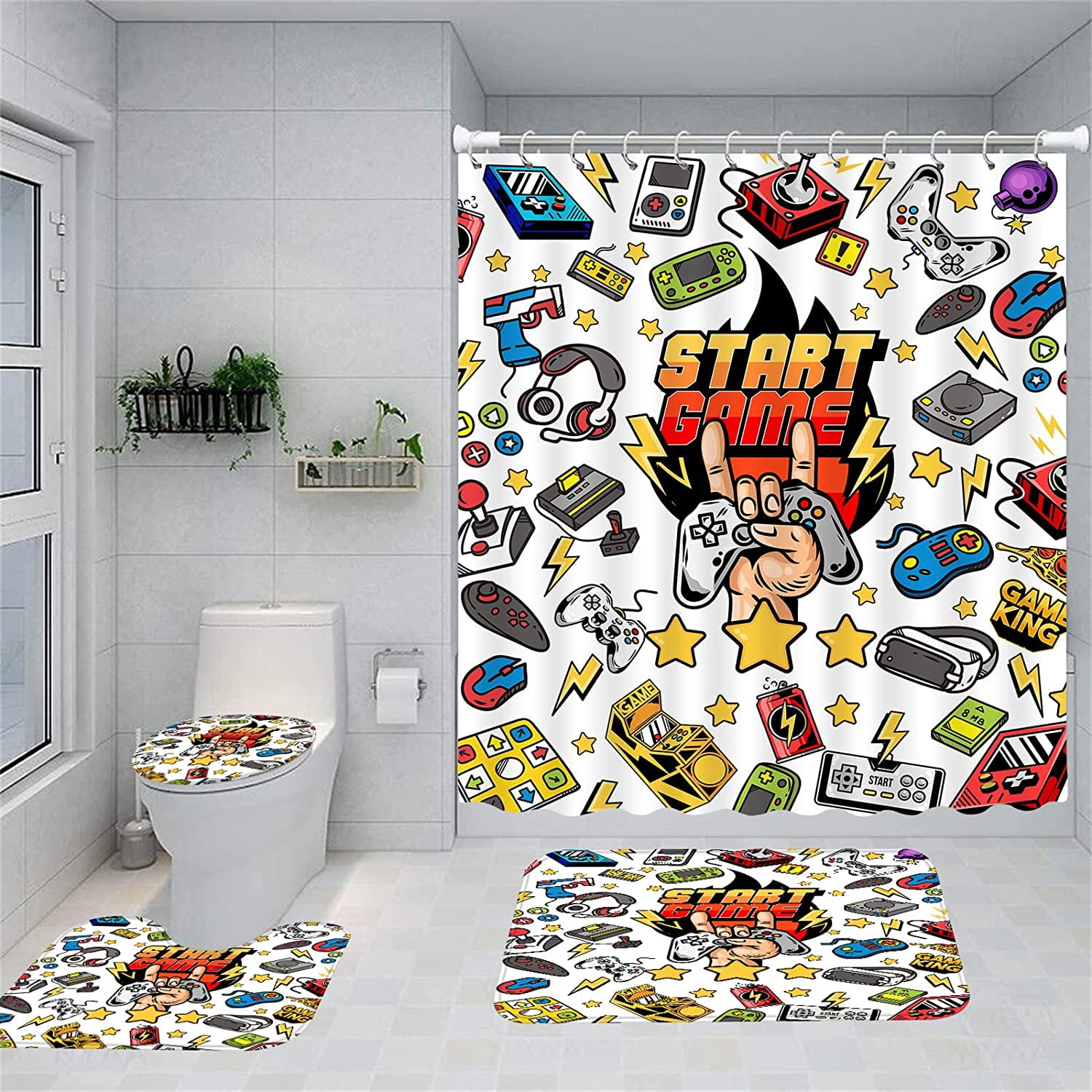 4pcs Boys Gamer Shower Curtain Video Game Toilet Lid Cover Carpet and ...