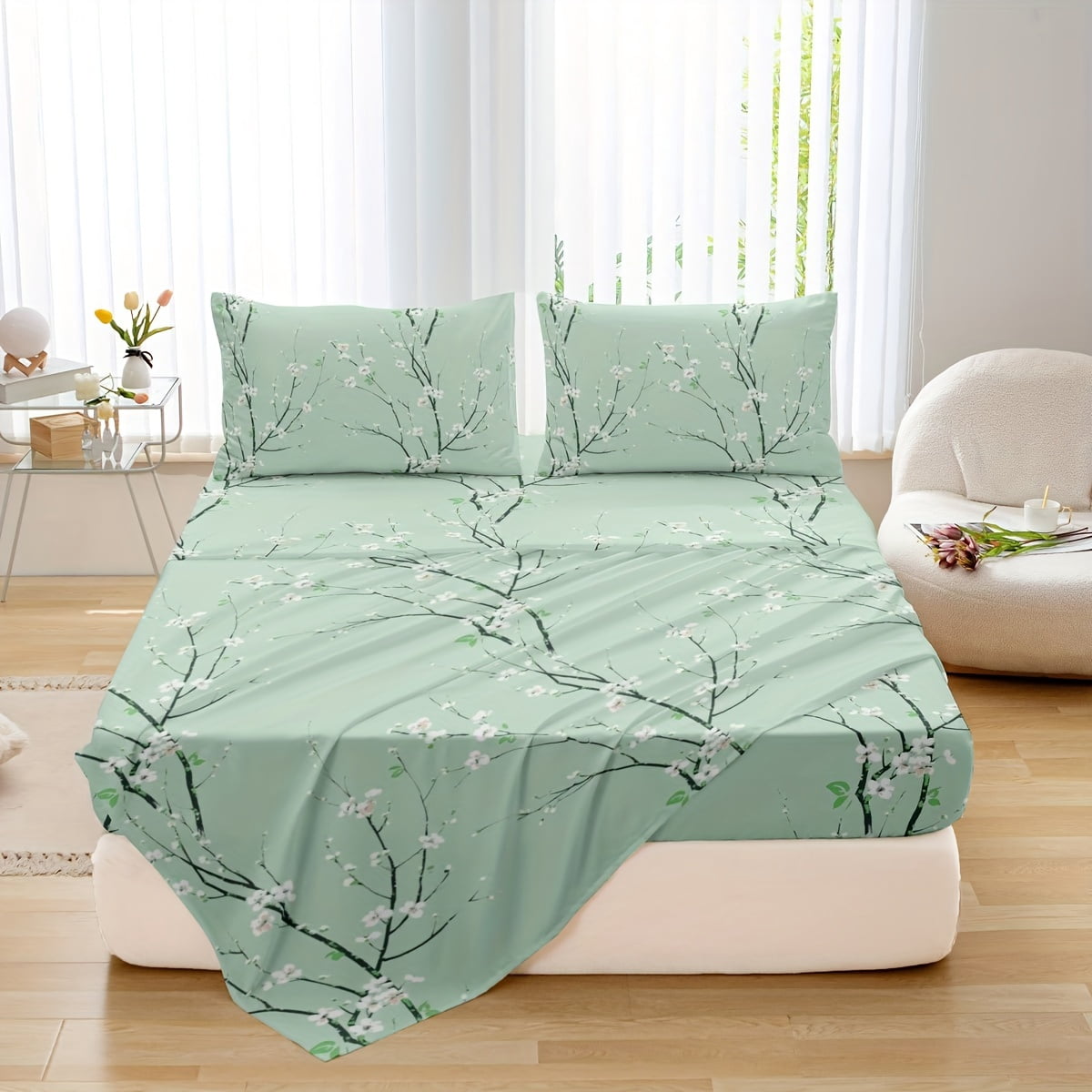 [4pcs Breathable Fitted Sheet Set] 4pcs Flower Print Fitted Sheet Set ...