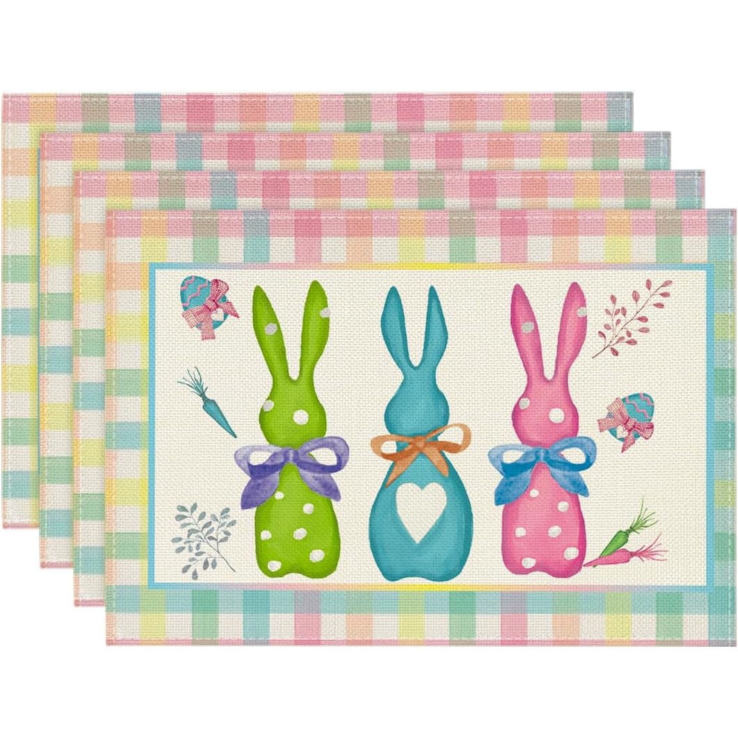 4pcs Bunny Happy Easter Placemats Table Mats Durable Washable Rustic ...