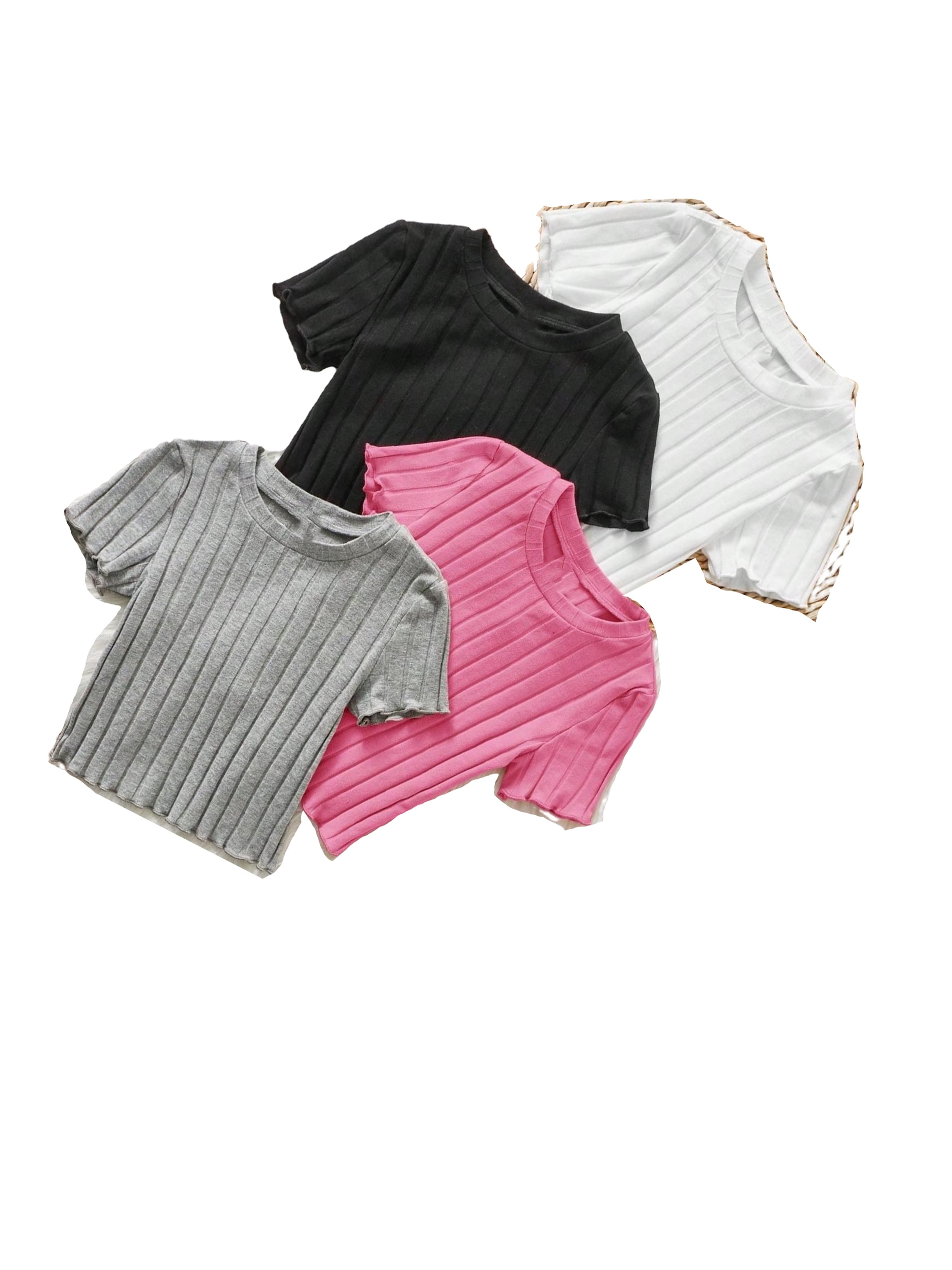 4pcs Casual Solid Round Neck Hot Pink Color Young Girls T-Shirts (Girl ...