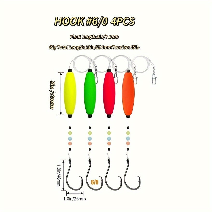 4pcs Catfish Float Rigs With 6/0 Circle Hooks, Peg Floats Catfishing Tackle, Santee Rig ...