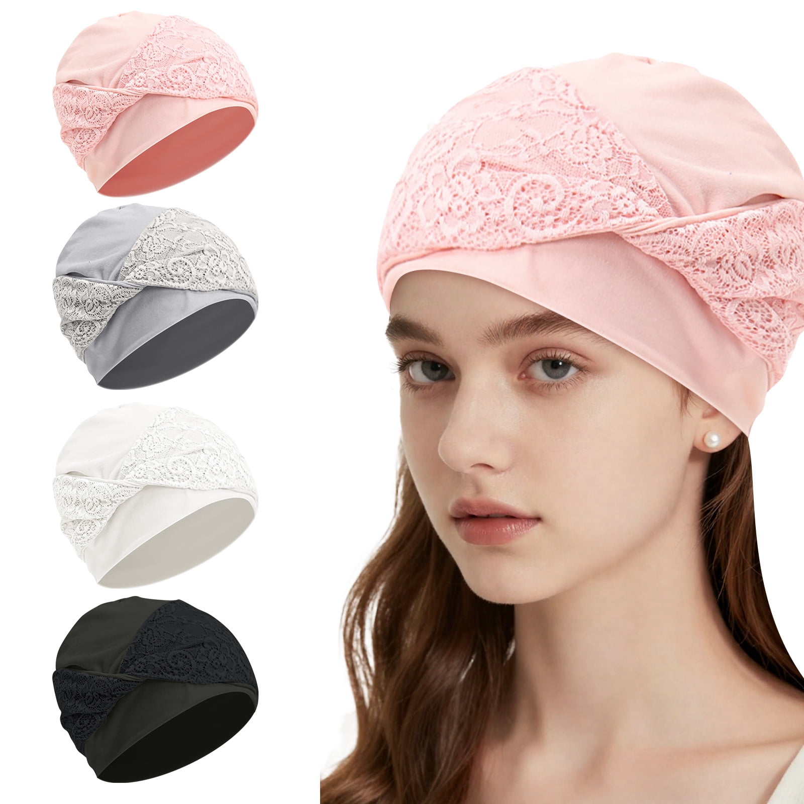 4pcs Chemo Turban Headwear, Soft Lace Knot Cancer Cap, Elastic Beanie ...