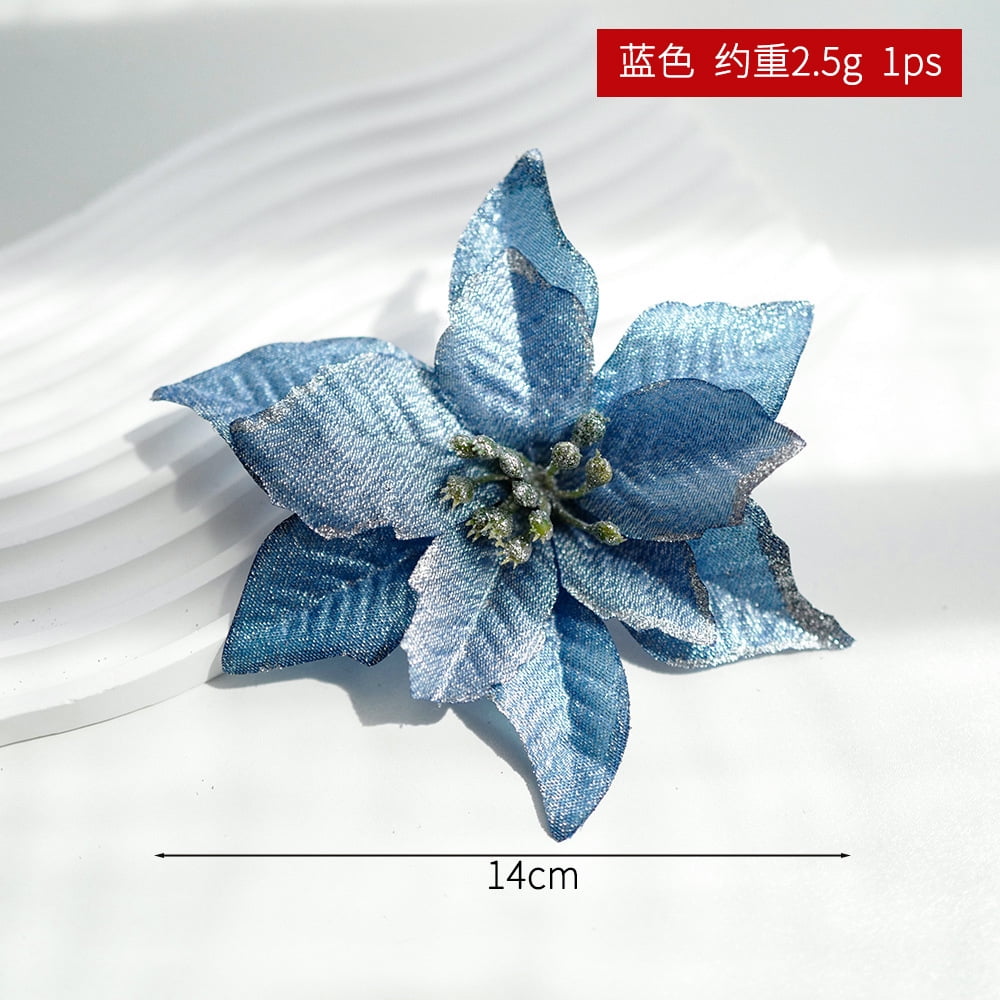4pcs Christmas Blue Glitter Poinsettia Flowers Picks Christmas Tree ...