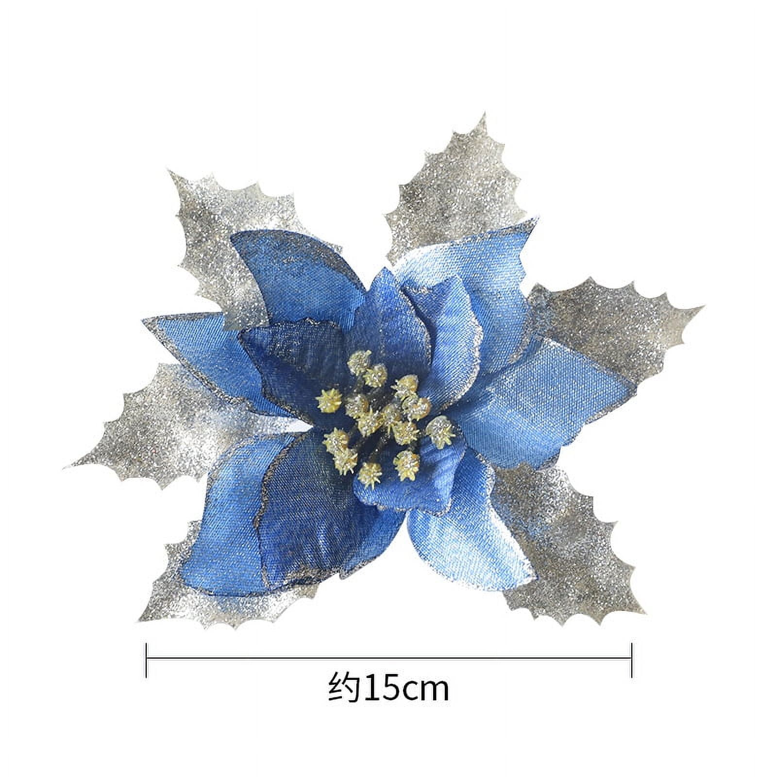 4pcs Christmas Blue Glitter Poinsettia Flowers Picks Christmas Tree ...