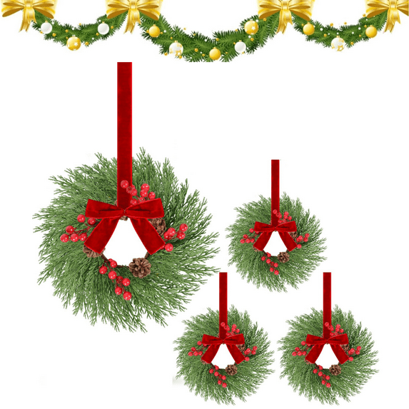 4pcs Christmas Wreaths for Front Door Home Decoration, 10" Artificial with Velvet Bow, Norfolk ...