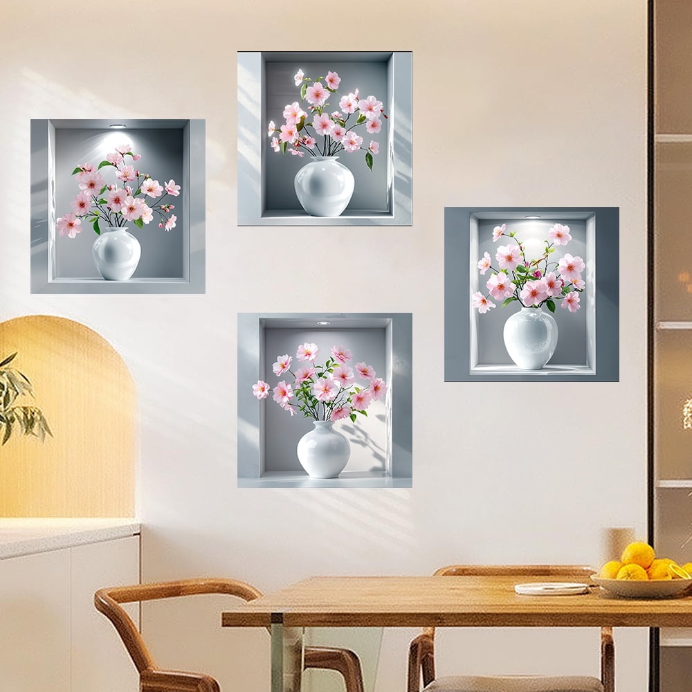 4pcs Classic Floral Vase Wall Decals, PVC Self-Adhesive Removable ...