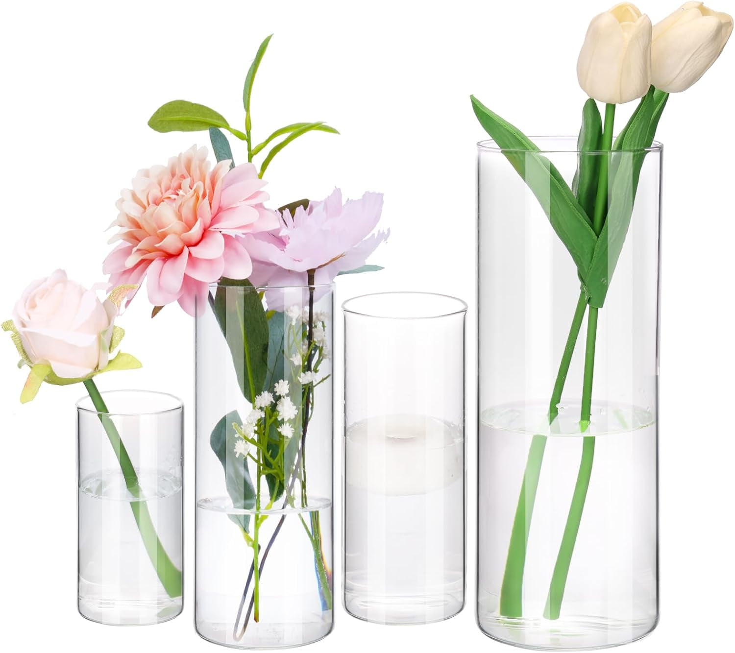 4pcs Clear Glass Cylinder Vases, 4, 6, 8, 10 Inch Tall Cylinder Vases ...
