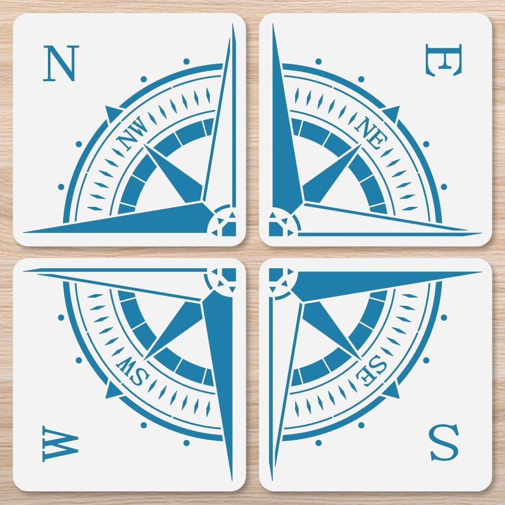4pcs Compass Rose Stencil 12x12 Inch Nautical Star Navigation Map Compass Stencil for Painting ...