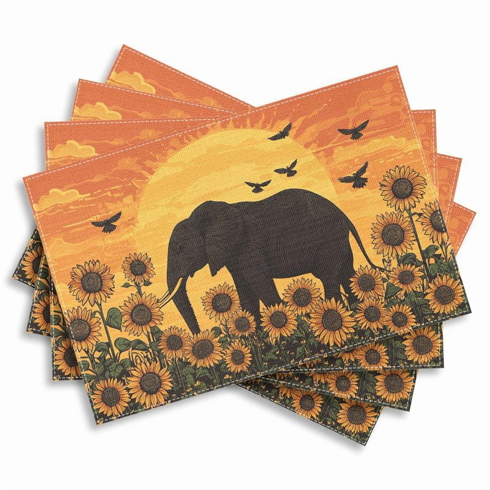 4pcs Contemporary of an elephant surrounded by tall sunf Placemats 12 ...