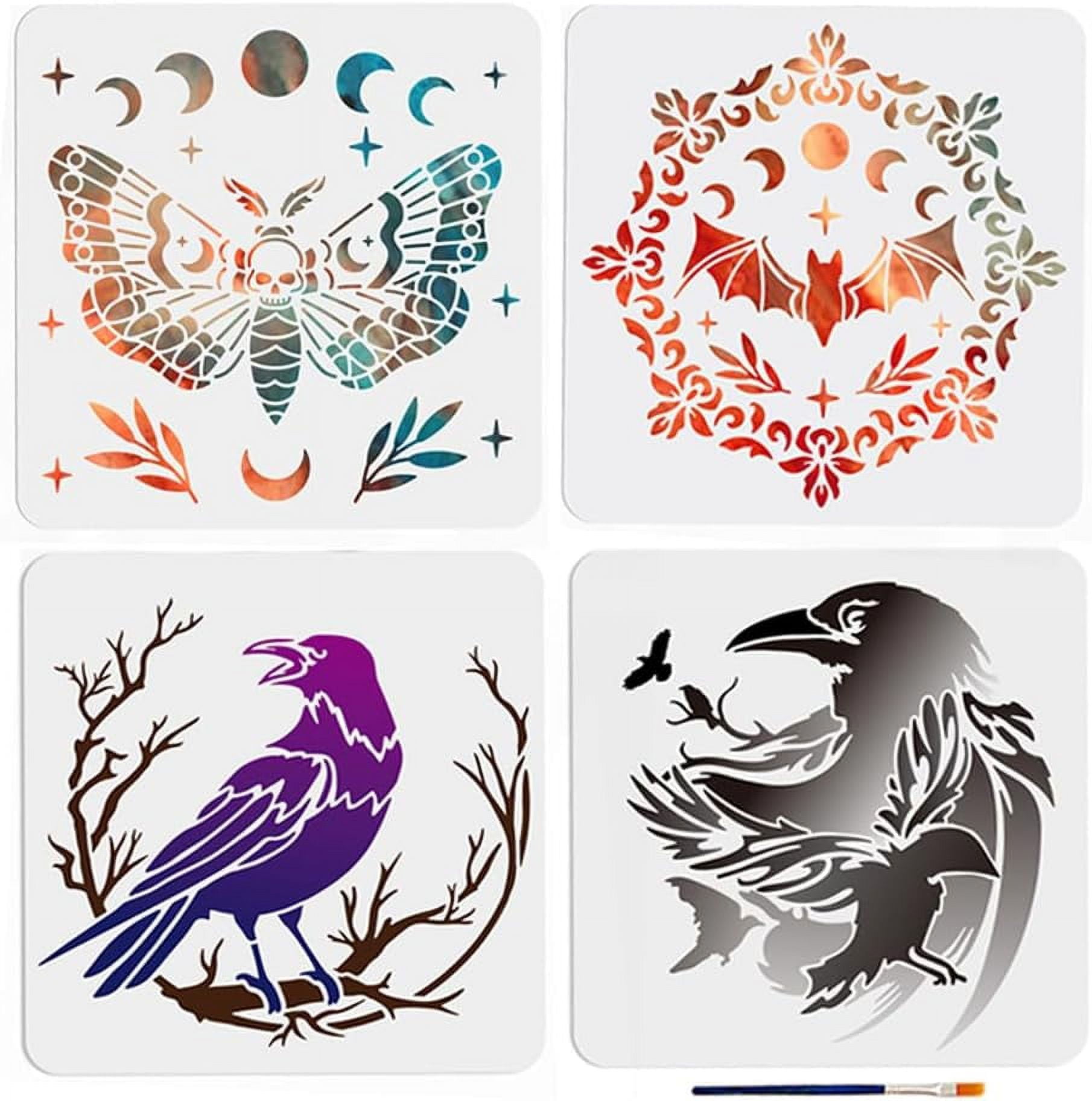 4pcs Crow Bat Moth Stencil 11.8×11.8inch Large Crow Branch Divination ...