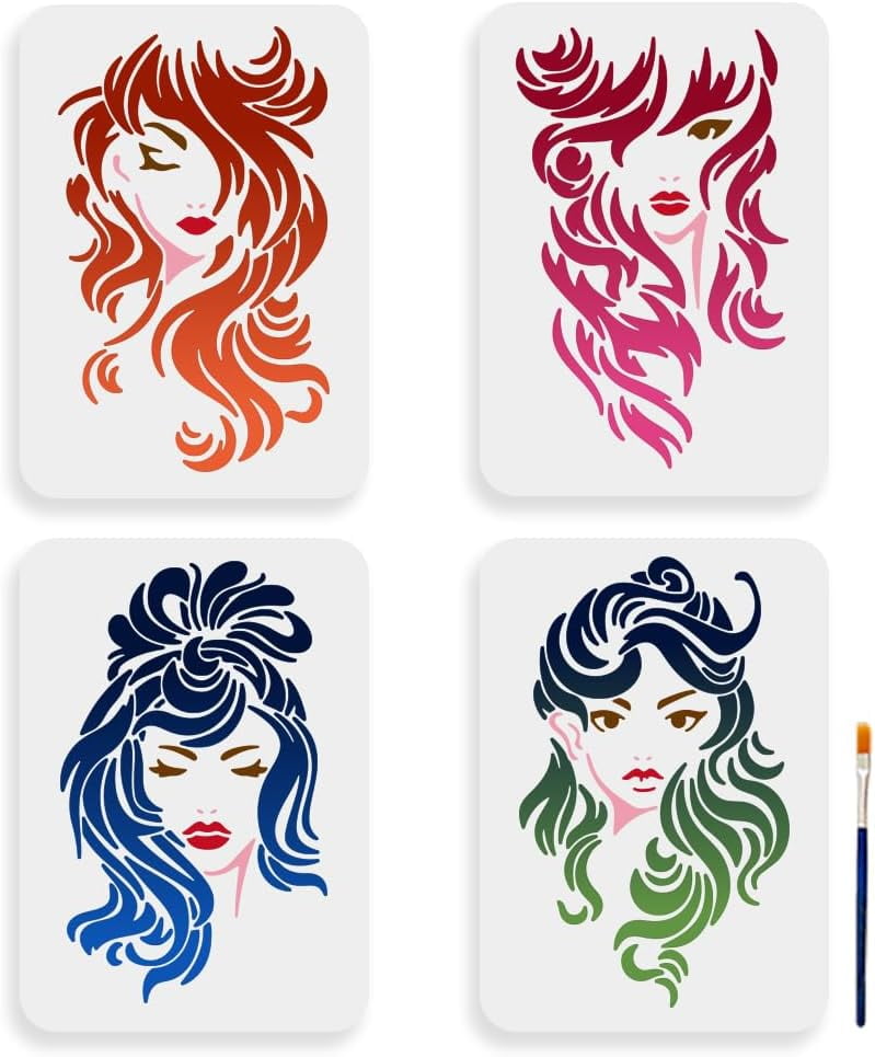 4pcs Curly Hair Lady Stencil 11.7×8.3inch Large Women Theme Stencils ...