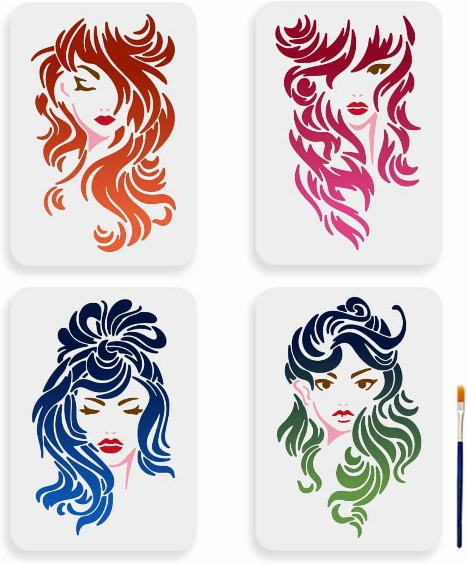 4pcs Curly Hair Lady Stencil 11.7x8.3inch Large Theme Stencils with ...
