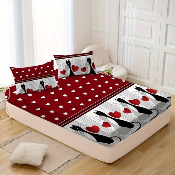 4pcs Cute Cat Heart Design Bedding Set - Soft & Comfortable Fitted ...