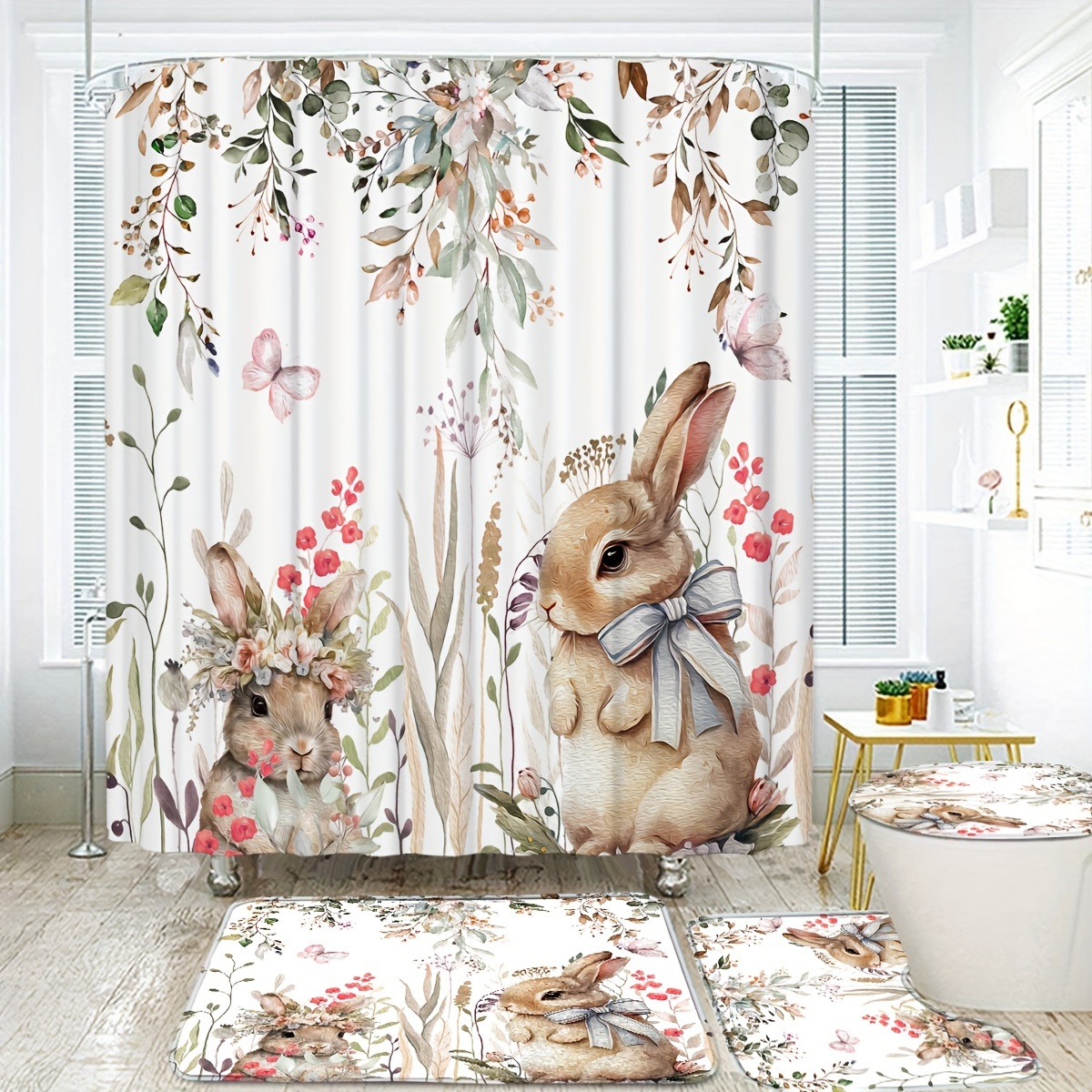 4pcs Cute Rabbit Easter Pattern Shower Curtain Set, Waterproof Shower ...