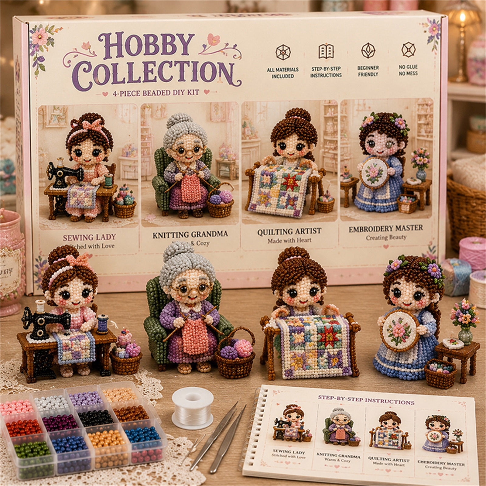 4pcs DIY Beadwork Handmade Craft Set, Creative Beading Kit for Adults ...