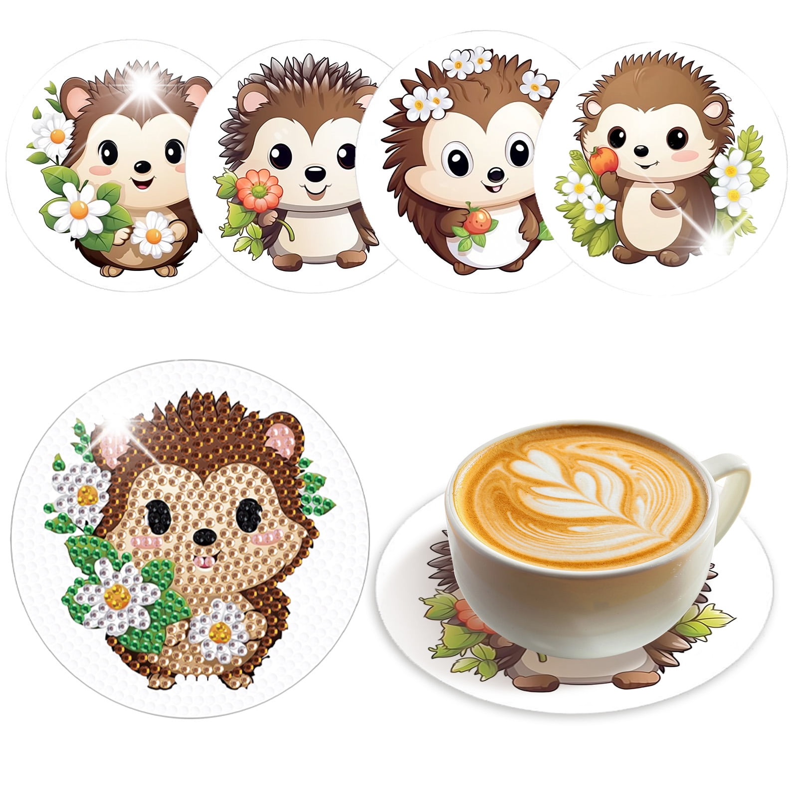 4pcs DIY Diamond Painting Coaster Kit with Flower & Hedgehog Design and ...