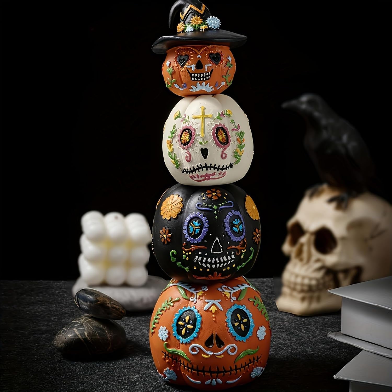 4pcs Day of The Dead Pumpkin Figurines, Halloween Día de Muertos ...
