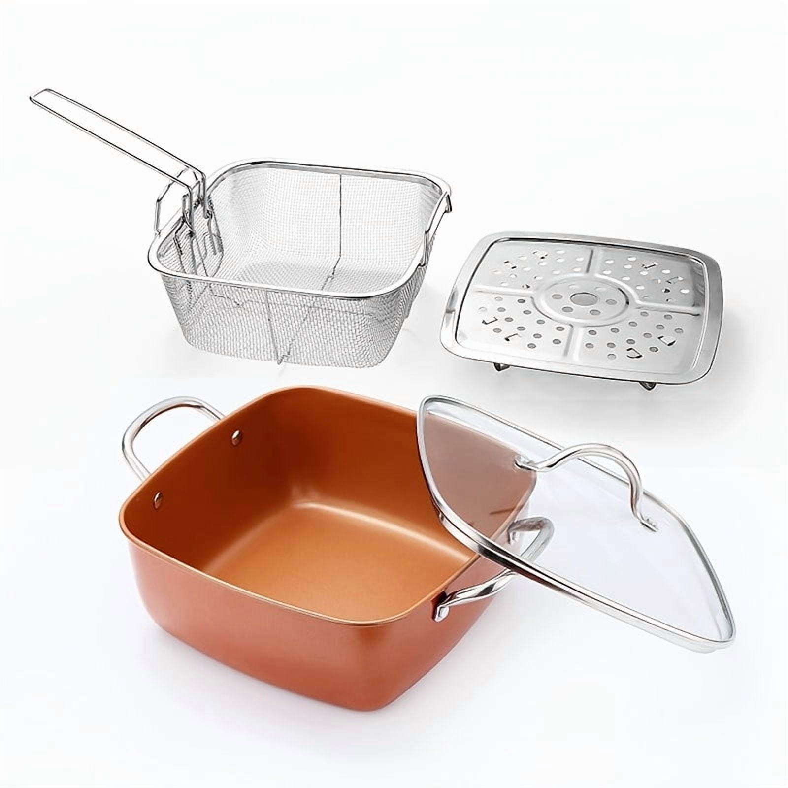 4pcs Deep Square Fryer Set with Basket/Steamer Lid - Stainless Steel ...