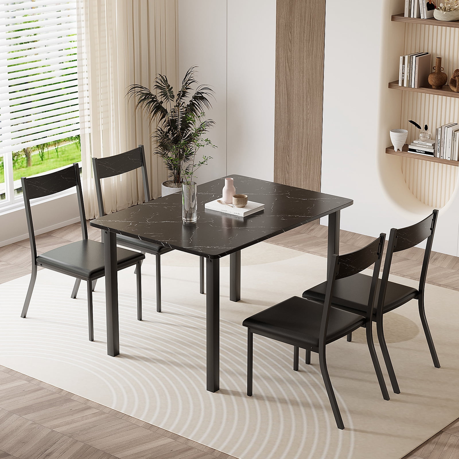 4pcs Dining Table Chair Set with Marble Panel Table and 4 PU Leather ...