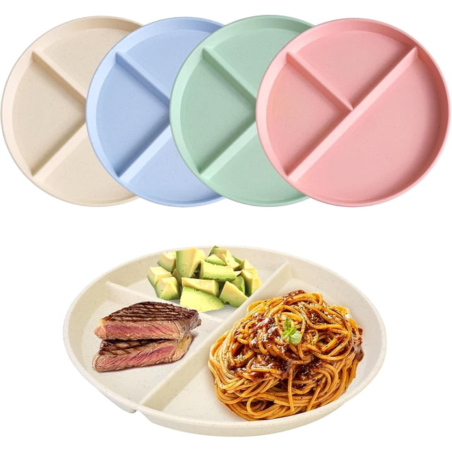 4pcs Divided Dinner Plates Portion Control Plates 3 Compartment Diet ...