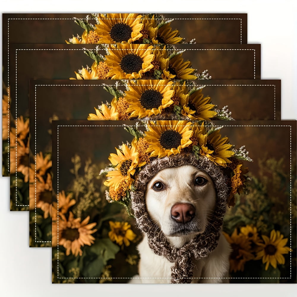 4pcs, Dog Lady with Sunflowers and Hat Placemats, Fashion Print Pattern ...