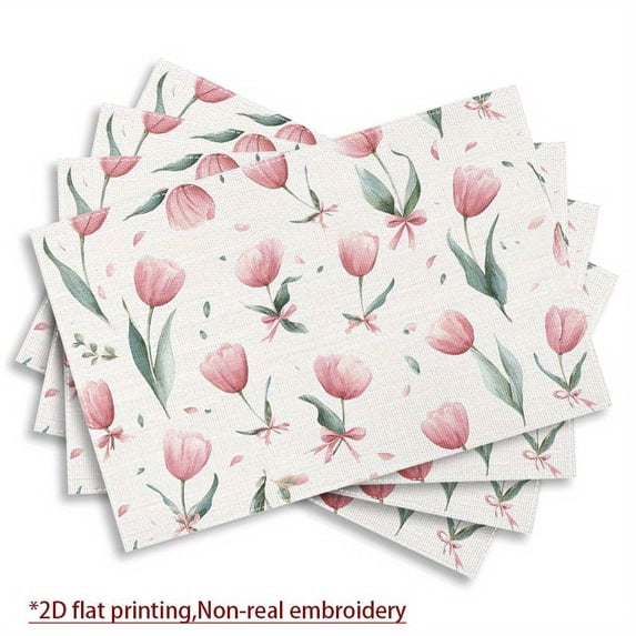 4pcs Elegant Floral Placemats,with Pink Tulips & Bows table mat, for ...