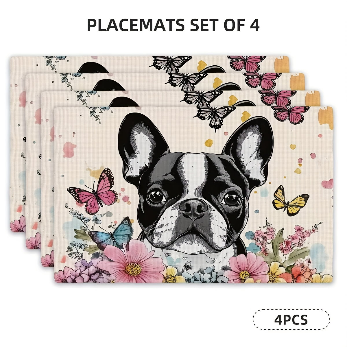 4pcs Elegant French Bulldog Pattern Placemats - Vibrant Floral ...