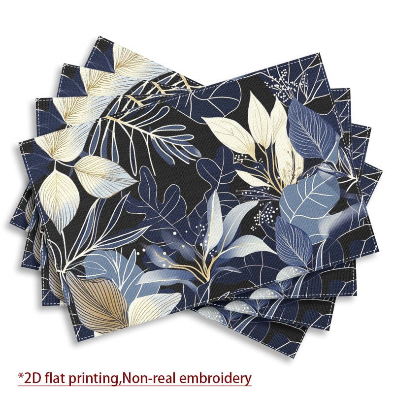 4pcs Elegant Navy Blue & Golden Floral Placemats - Washable Table Mats ...