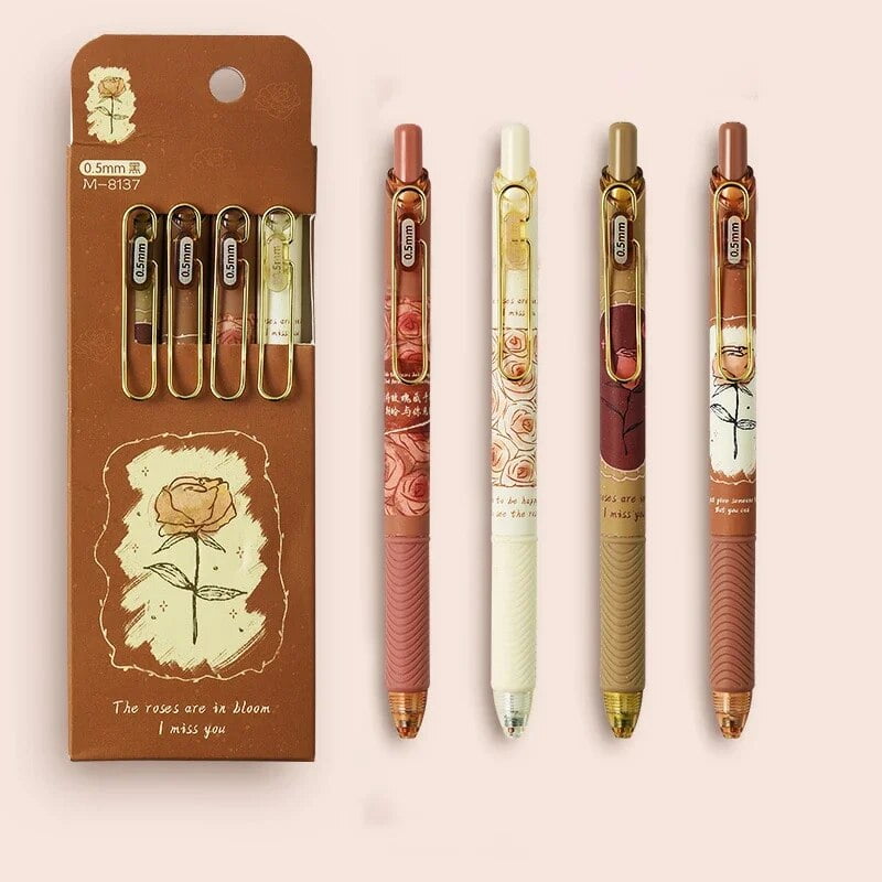 4pcs European Roses Gel Pens Kawaii Stationery Vintage 0.5mm Black Ink ...