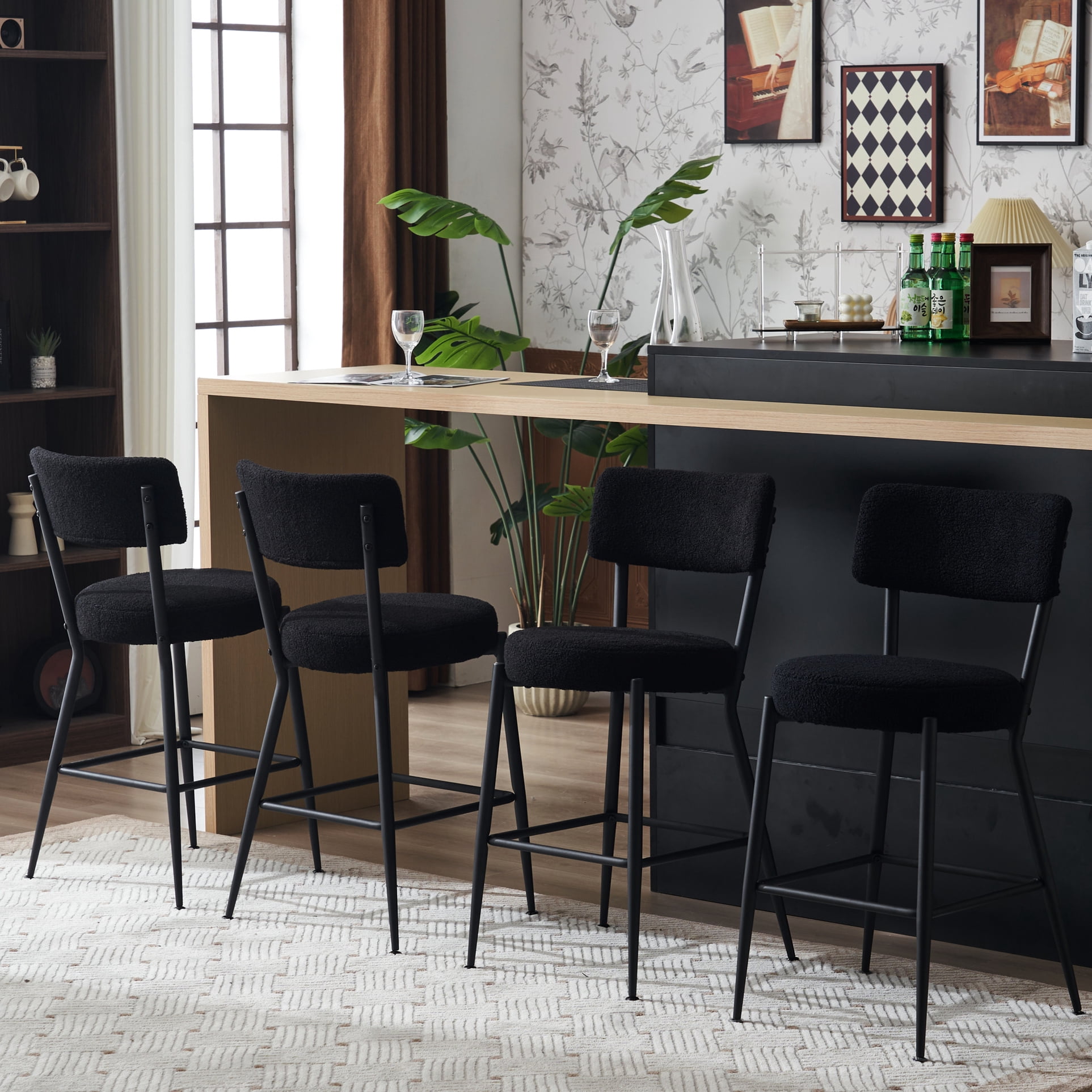 4pcs Fabric Upholstered Bar Stools - Black Metal Base Ergonomic For ...