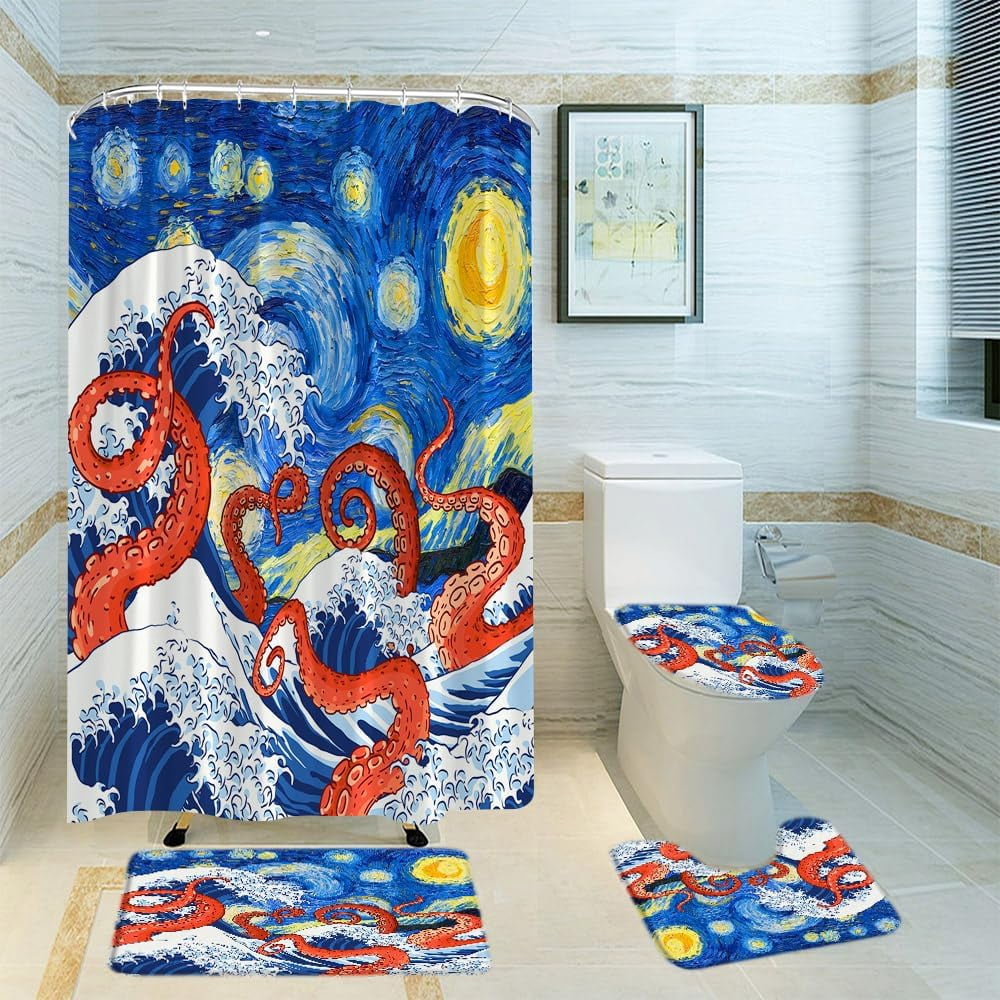 4pcs Fishing Shower Curtain Set with Rug,Rustic Farmhouse Cabin Forest ...