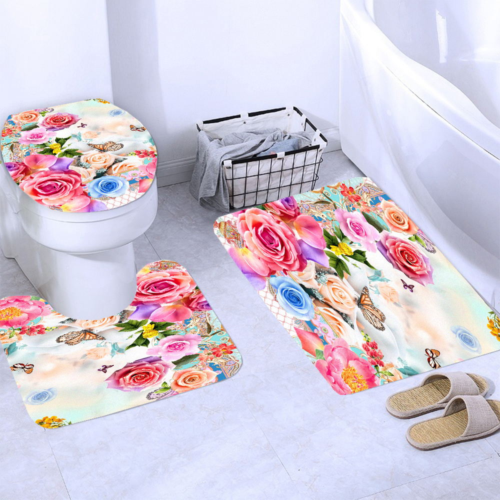 4pcs Floral Bathroom Carpet Bath Curtain Set Toilet Rugs and Shower ...