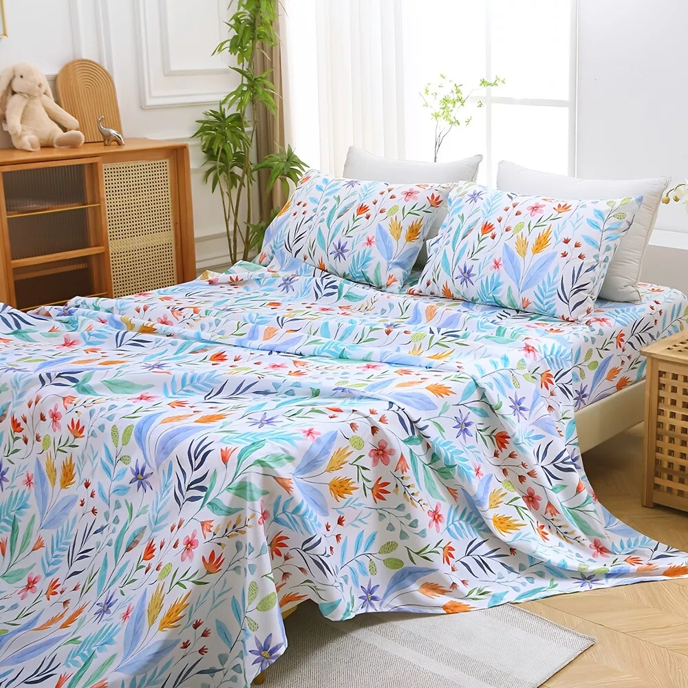 4pcs Flower Print Bed Sheet Set Ultra Soft Brushed Microfiber Floral ...