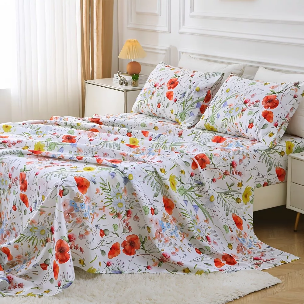 4pcs Flower Print Bed Sheet Set Ultra Soft Brushed Microfiber Floral ...