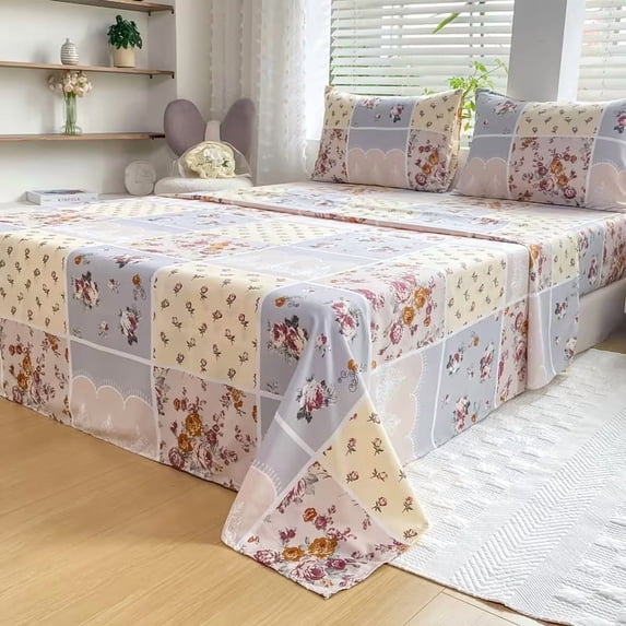 4pcs Flower Stitching Print Fitted Sheet Set - Soft & Comfortable ...