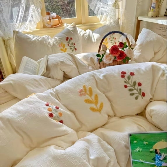 4pcs French Floral Bedding Set - Soft & Breathable Duvet Cover, Fitted ...
