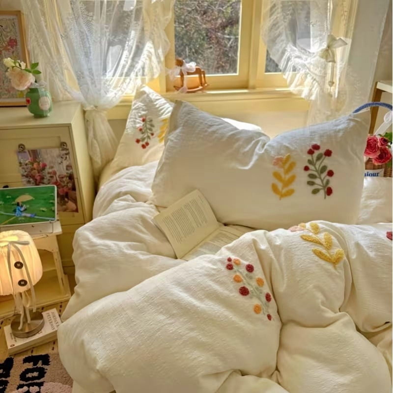 4pcs French Floral Bedding Set - Soft & Breathable Duvet Cover, Fitted ...