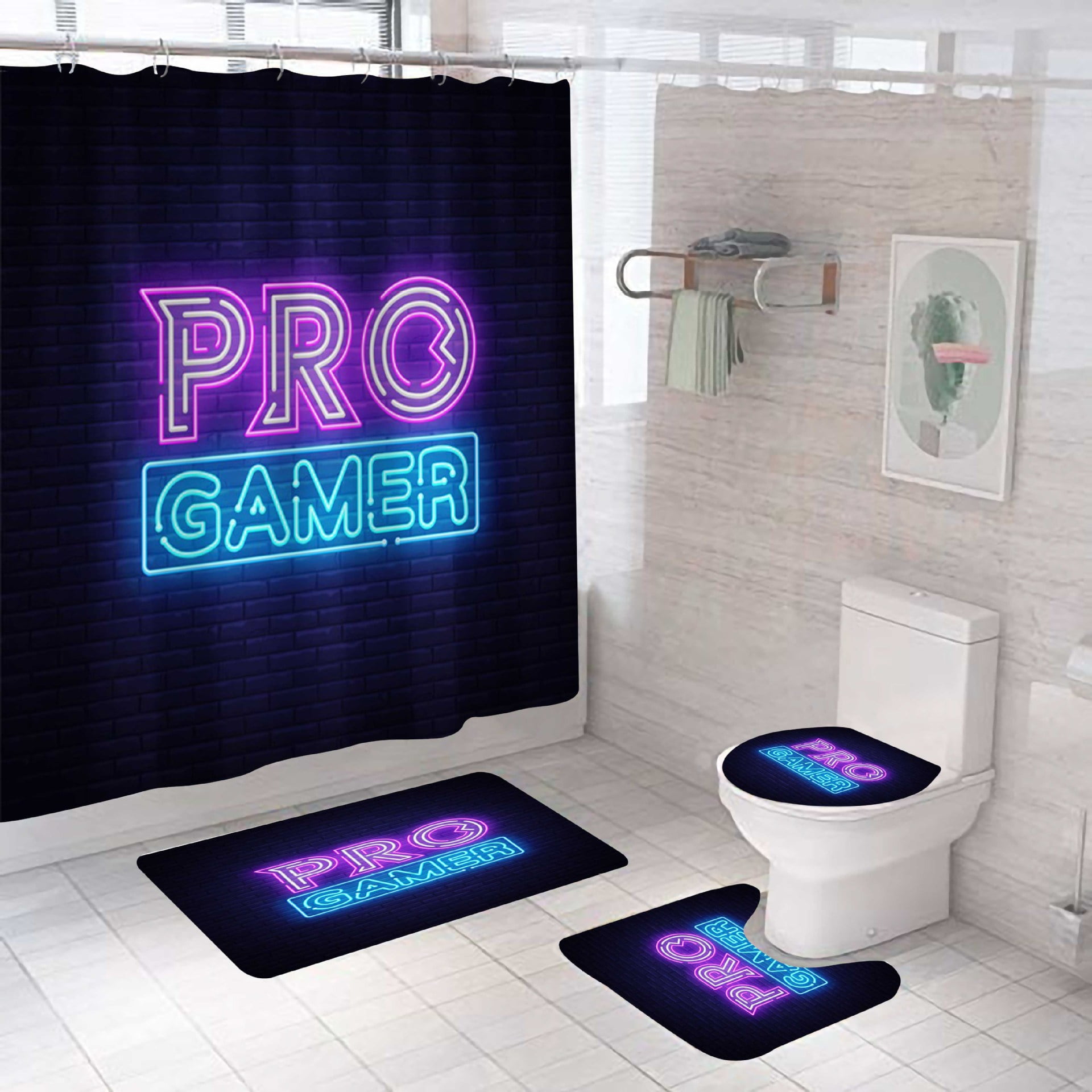 4pcs Gamepad/Game Controller Gamer Play Pattern Shower Curtain/Bath Mat ...
