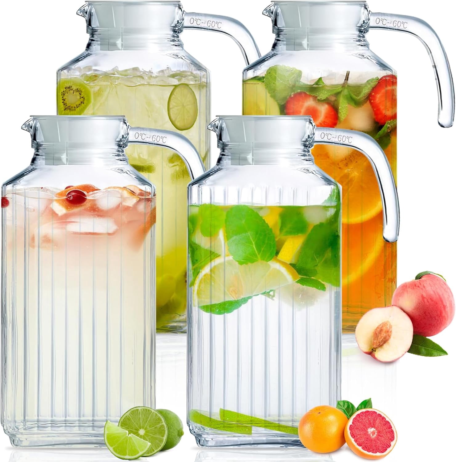 4pcs Glass Fridge Pitcher with Lid,Glass Pitcher with Handle,Large ...