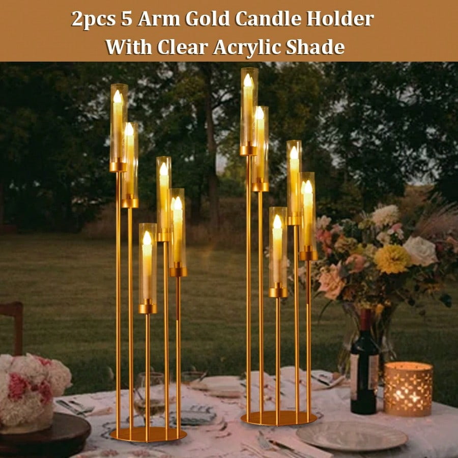 4pcs Gold Candelabra 3 Arm, Hurricane Candle Holders Centerpiece, Taper Candle Holders With ...