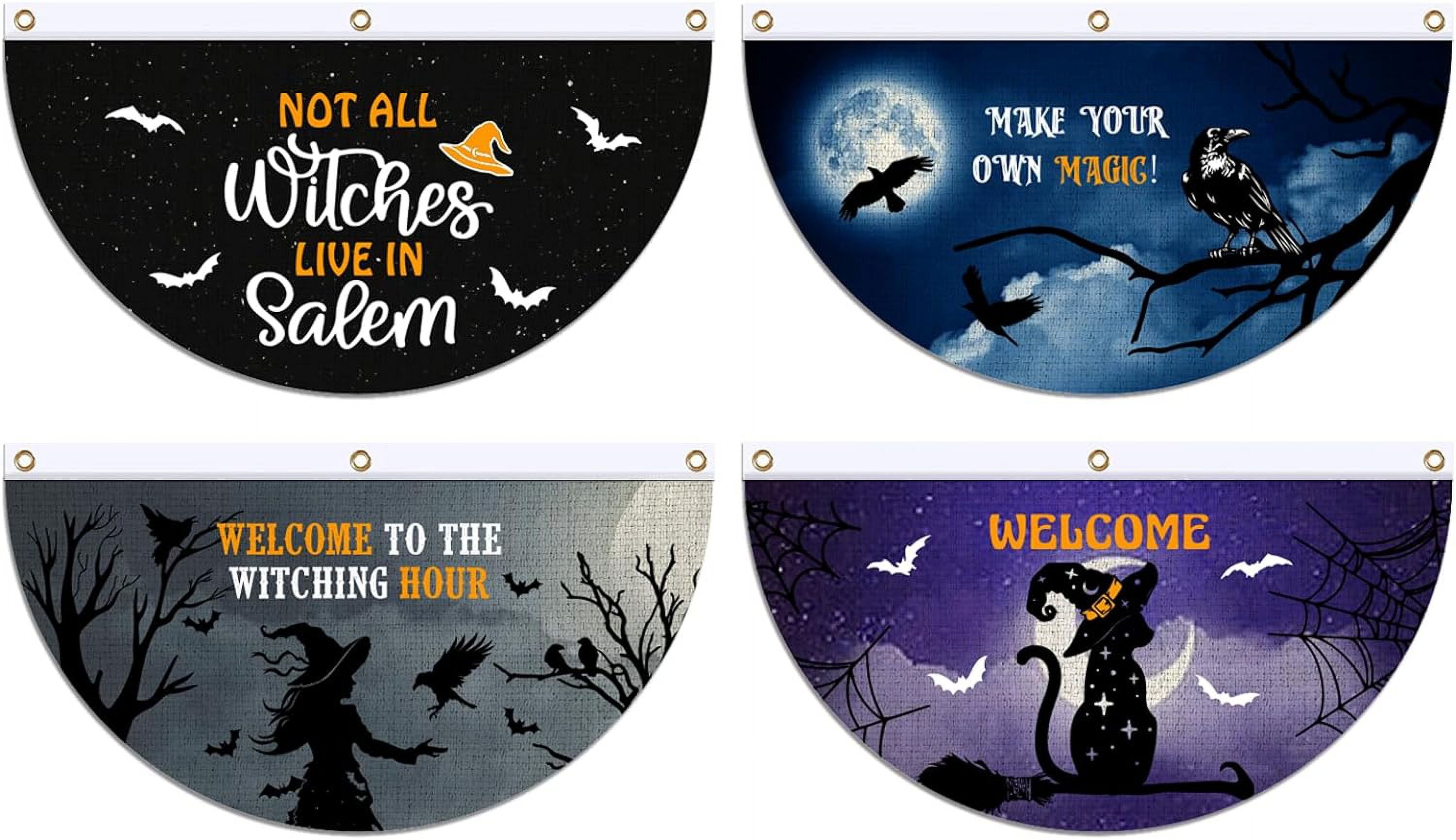 4pcs Half Round Fan Flag Banner for Witches Day Black Cat Pattern Door ...