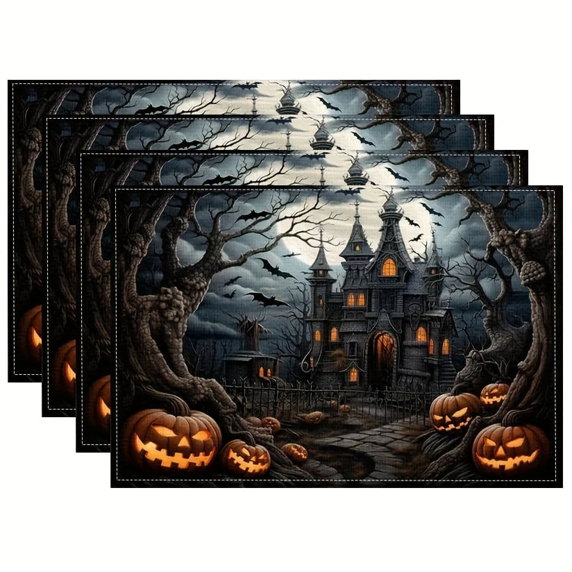 4pcs Halloween Beautiful Castle and Pumpkin Design Placemats Suitable ...